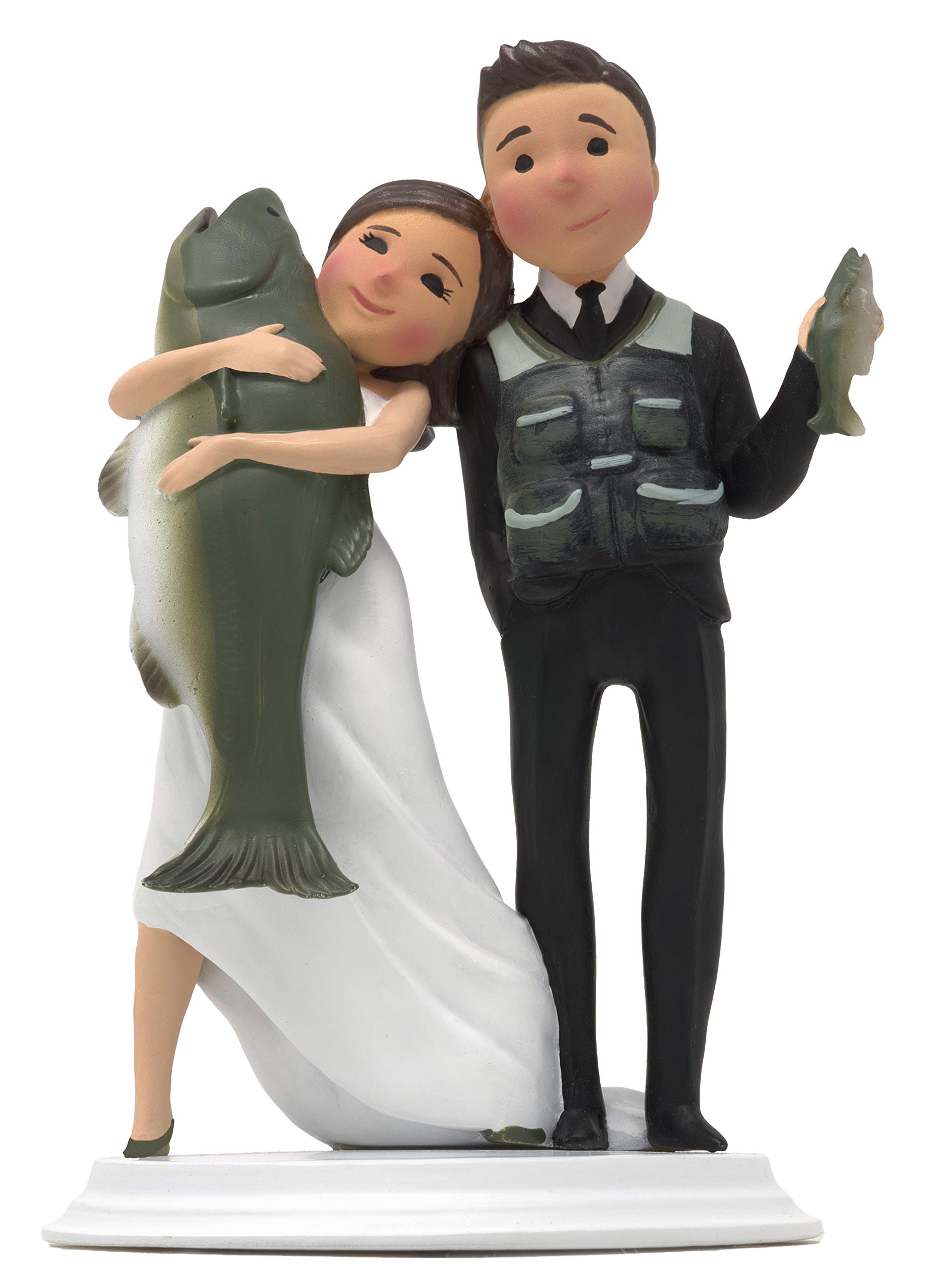 Dihtan Unique and Funny Fishing Wedding Cake Toppers Bride and Groom (Light Skin Dark Hair)