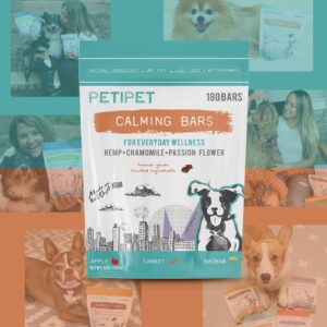 PETIPET Vegan Calming Bars for Small Dogs - Anxiety Composure Relief - with Carrots, Apples, Hemp, Chamomile, Passion Flower - for Dog Stress & Separation Aid + Chewing & Barking 180 Treats