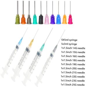 Precision Applications of Glue, 3ml 5ml Syringes and Blunt Tip Needles(14 15 16 18 19 20 21 22 23 25 Ga), for Liquid Measuring, Craft Paint, Epoxy Resin, Oil or Adhesives Applicator