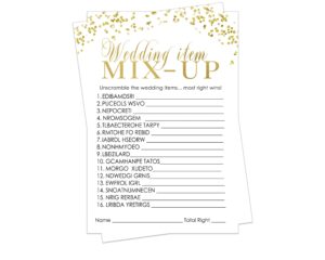 black and gold bridal shower word scramble game unscramble wedding phrases, modern confetti, 4x6 cards, 25 guest pack