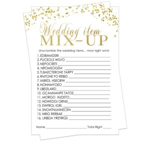 Black and Gold Bridal Shower Word Scramble Game Unscramble Wedding Phrases, Modern Confetti, 4x6 Cards, 25 Guest Pack