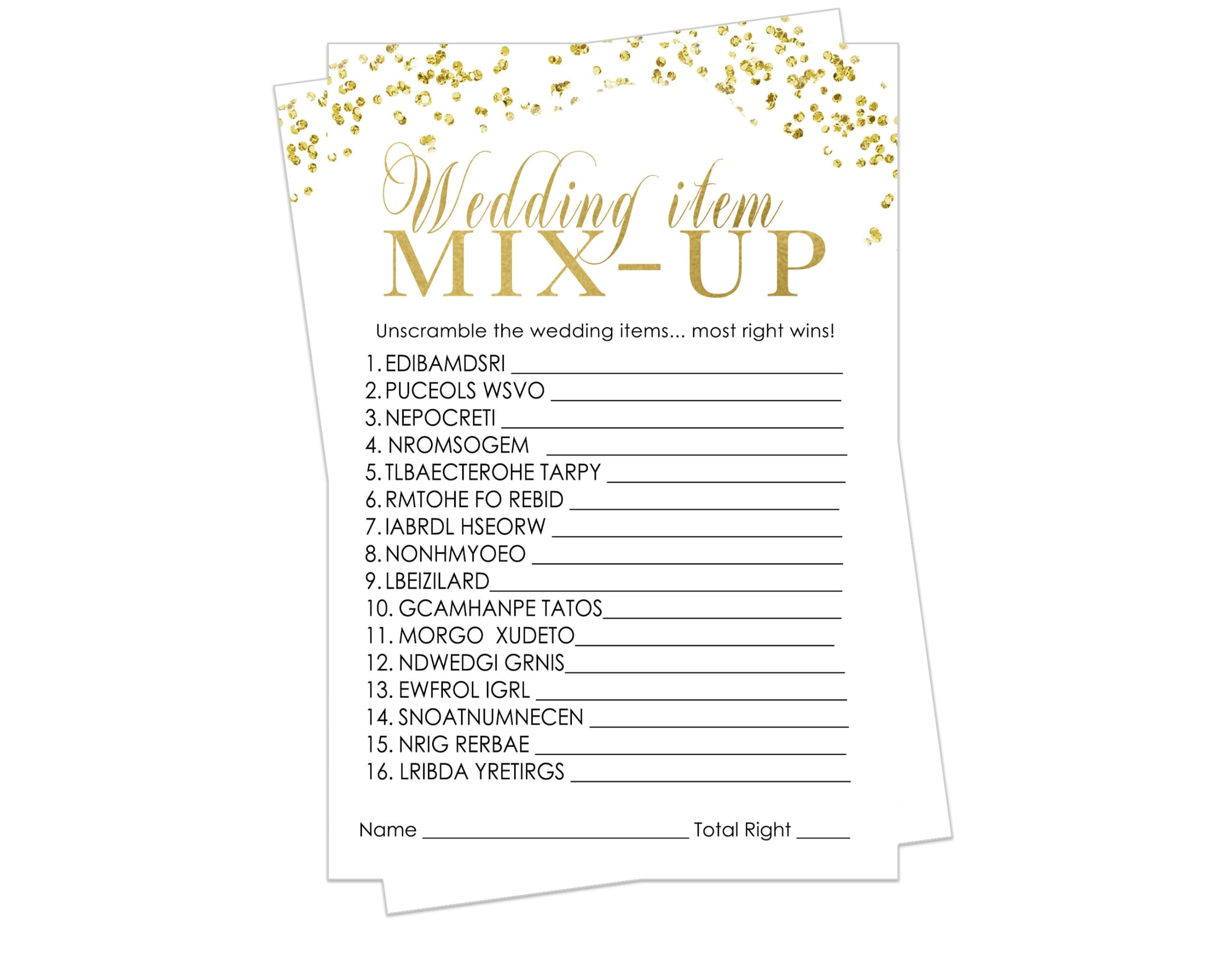 Black and Gold Bridal Shower Word Scramble Game Unscramble Wedding Phrases, Modern Confetti, 4x6 Cards, 25 Guest Pack