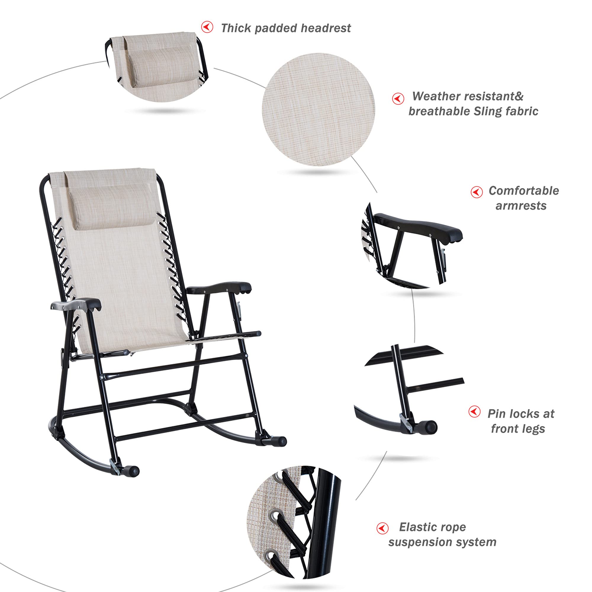 Outsunny 3 Piece Outdoor Rocking Chair Set, Patio Folding Lawn Rocker Set with Glass Coffee Table, Headrests for Yard, Patio, Deck, Backyard, Cream White