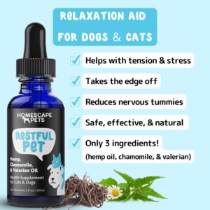 Homescape Pets Restful Pet - Calming Drops - Anxiety, Fireworks, Storms, Stress Relief - Organic Hemp Oil, Chamomile & Valerian for Dogs and Cats - Vet Recommended