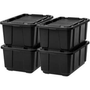 iris usa 27 gallon heavy duty truck bed toolbox storage tote bins with lids, 4 pack - made in usa, tough snap on lid stackable industrial rugged tubs, garage organization, reusable box - black