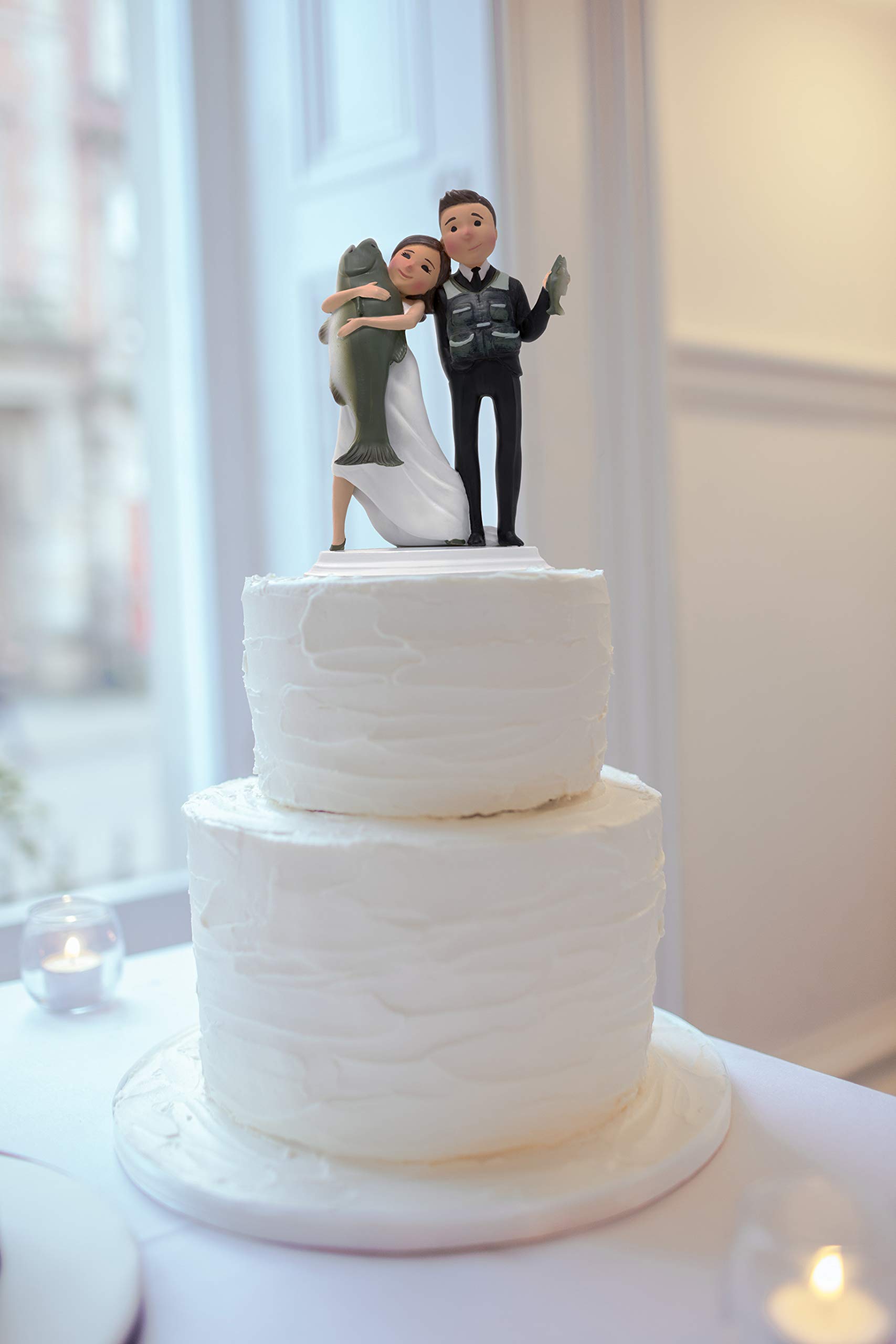 Dihtan Unique and Funny Fishing Wedding Cake Toppers Bride and Groom (Light Skin Dark Hair)