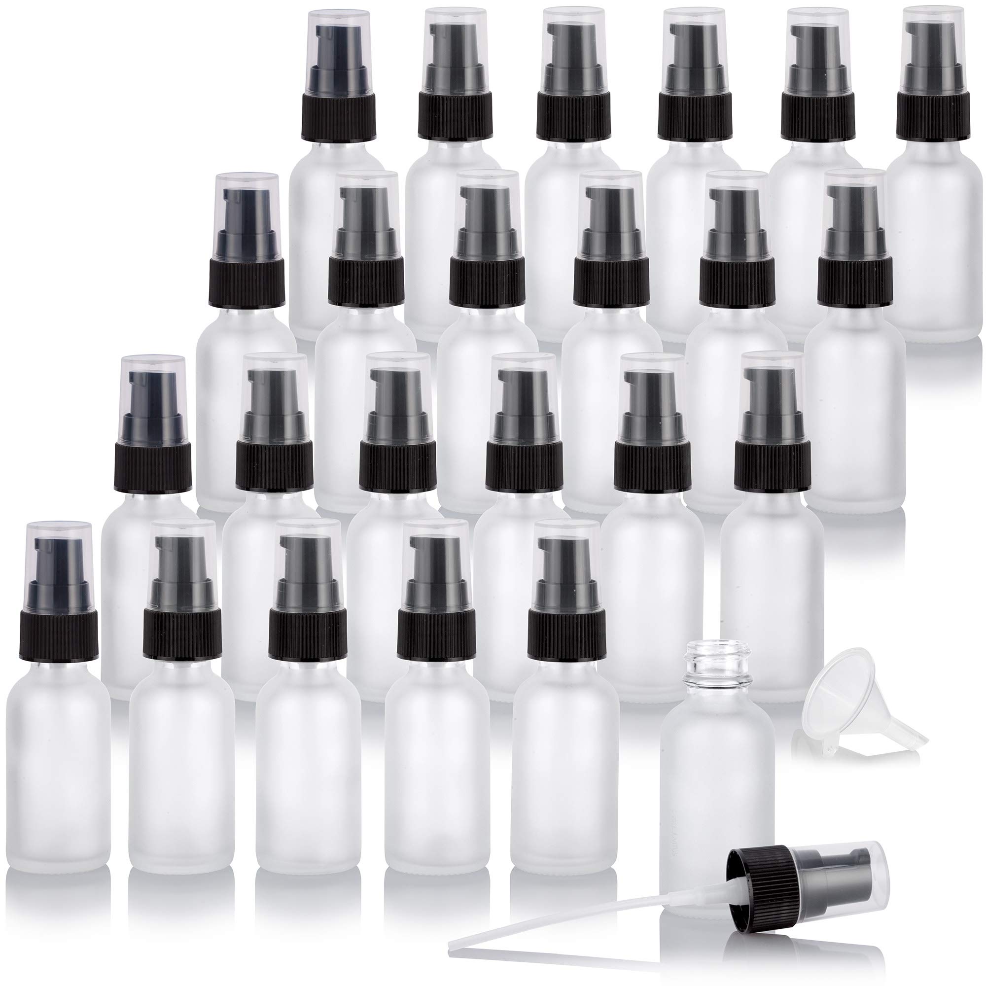 1 oz / 30 ml Frosted Clear Glass Boston Round Bottle with Black Treatment Pump (24 Pack) + Funnel