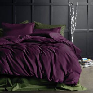 Solid Color Egyptian Cotton Duvet Cover Luxury Bedding Set High Thread Count Long Staple Sateen Weave Silky Soft Breathable Pima Quality Bed Linen (Queen, Deep Plum)