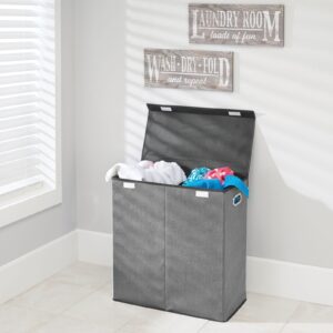 mDesign Extra Large Divided Laundry Hamper Basket with Removable Lid, Built-in Handles - Portable and Foldable for Compact Storage - Textured Print with Solid Trim, Chrome Handles - Charcoal/Black