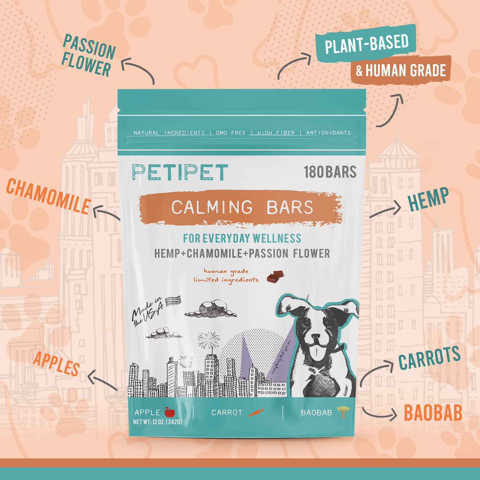 PETIPET Vegan Calming Bars for Small Dogs - Anxiety Composure Relief - with Carrots, Apples, Hemp, Chamomile, Passion Flower - for Dog Stress & Separation Aid + Chewing & Barking 180 Treats