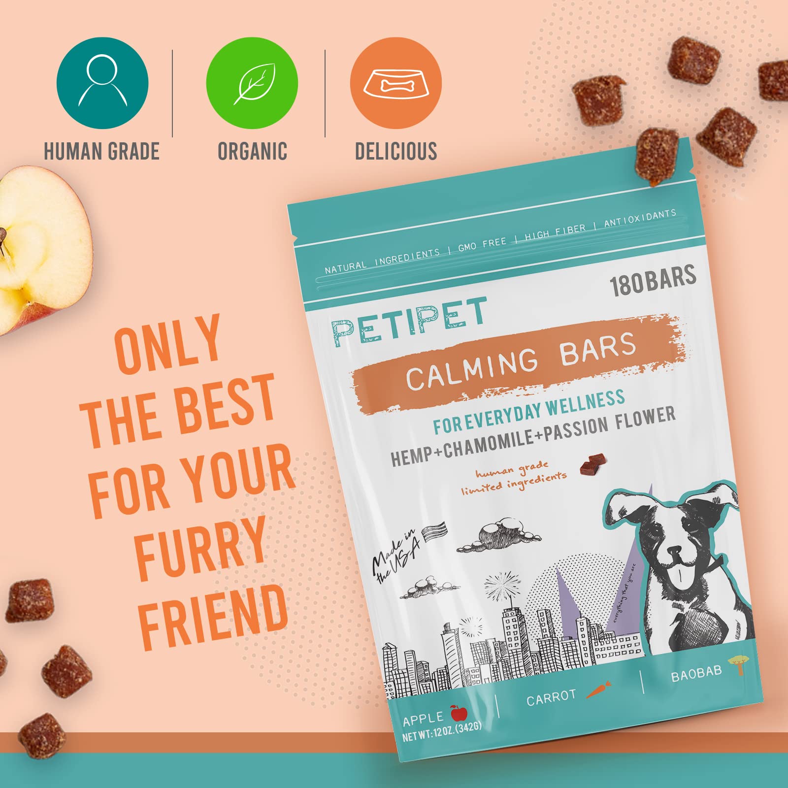 PETIPET Vegan Calming Bars for Small Dogs - Anxiety Composure Relief - with Carrots, Apples, Hemp, Chamomile, Passion Flower - for Dog Stress & Separation Aid + Chewing & Barking 180 Treats