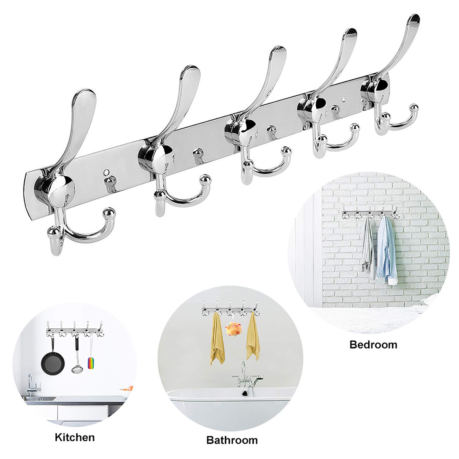 WHITGO Wall Mount Coat Hook, 2 Pack 15 Hooks Stainless Steel Coat Hangers Rack Robe Hat Clothes Hook Wall Coat Rack Hooks