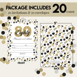 Confetti Polka Dot 80th Birthday Party Invitations, 20 5x7 Fill In Cards with Twenty White Envelopes by AmandaCreation