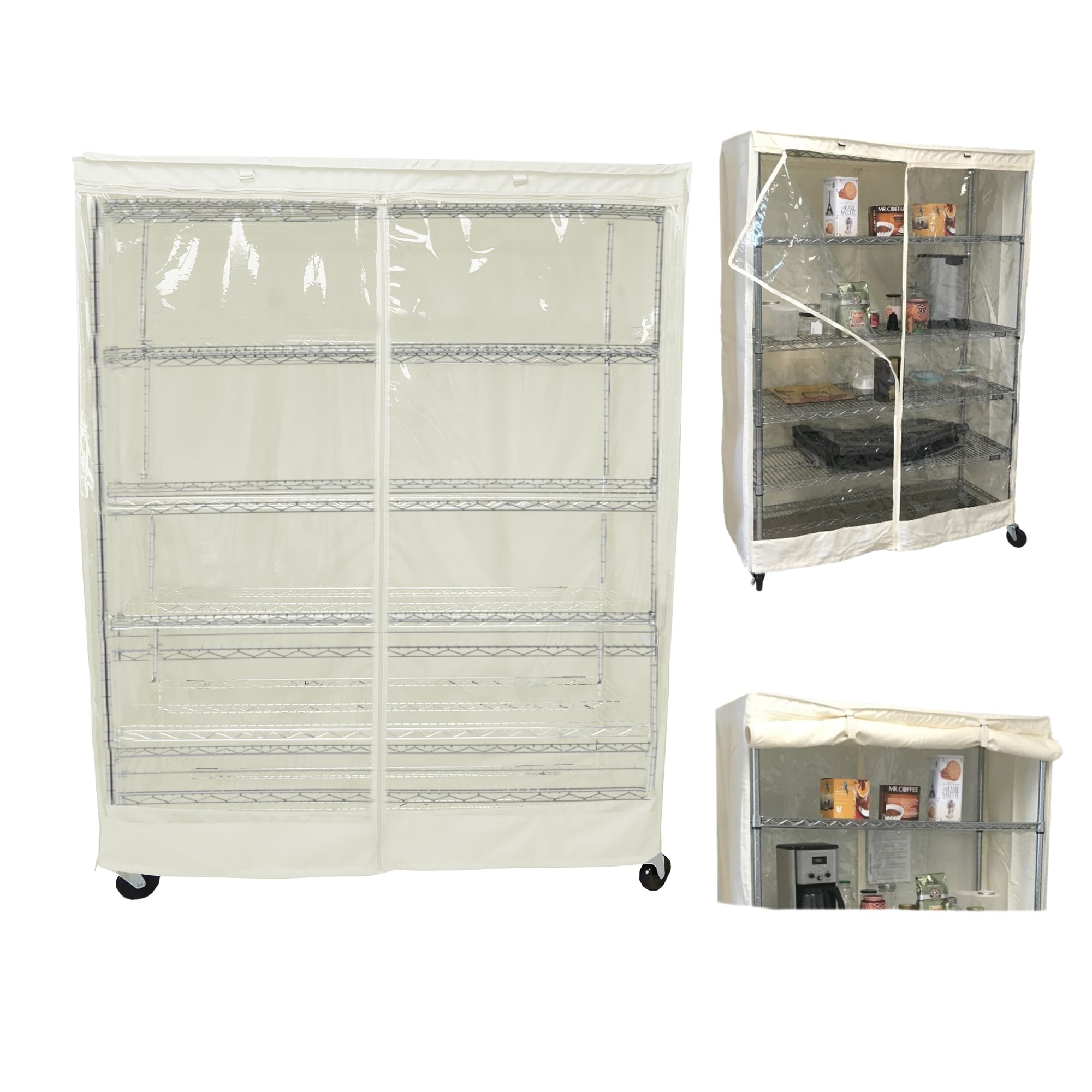 Formosa Covers Premium Clear Front Wire Shelf Steel Rack Cover Off White - Heavy-Duty Storage Solution for Wire Shelving Rack (48”Wx18”Dx72”H) - Waterproof PVC, Water/Dust Resistant Fabric, Zippers