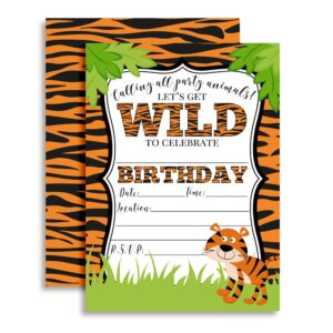 tiger birthday party invitations for a wild time, 20 5x7 fill in cards with twenty white envelopes by amandacreation.