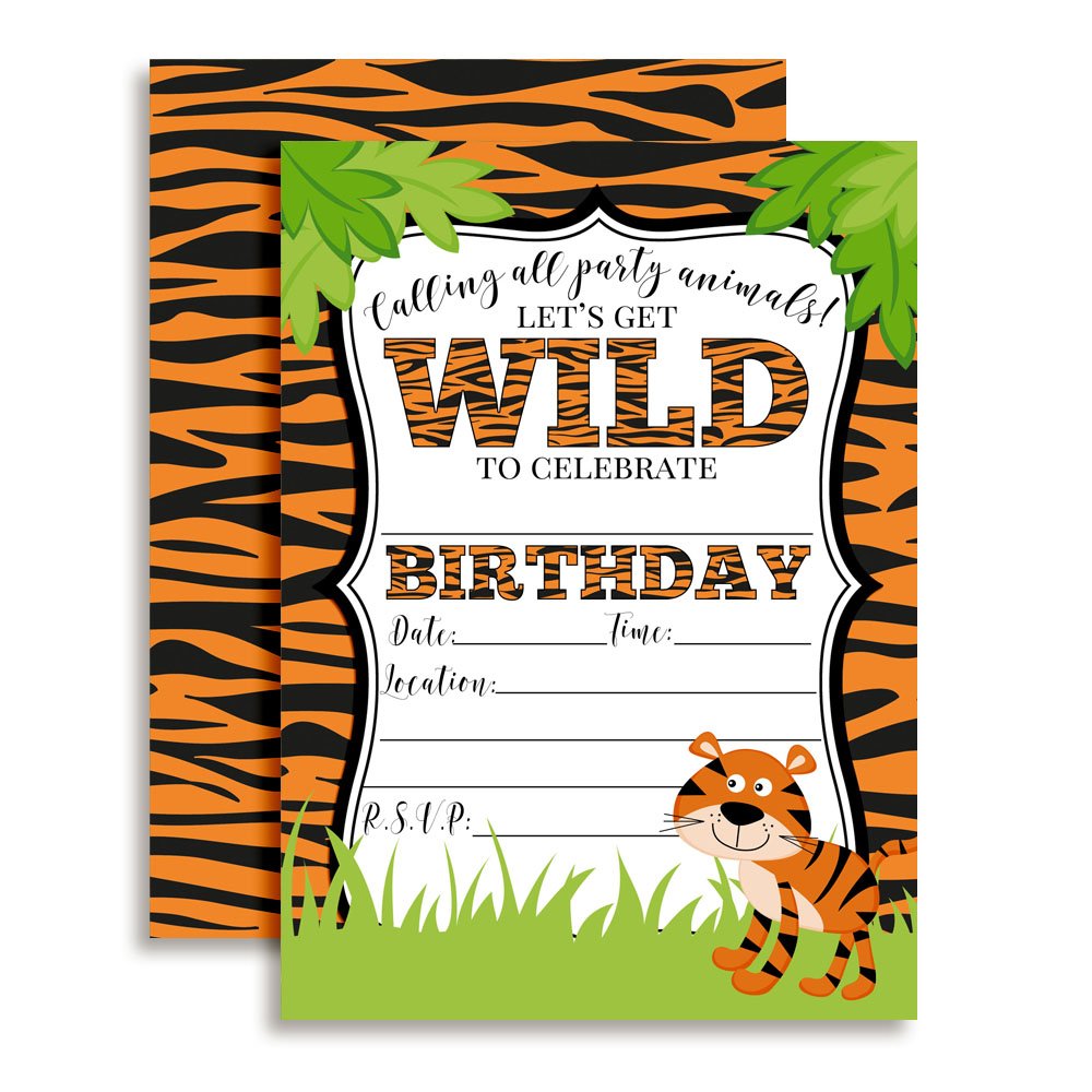 Tiger Birthday Party Invitations for a WILD time, 20 5x7 Fill In Cards with Twenty White Envelopes by AmandaCreation.