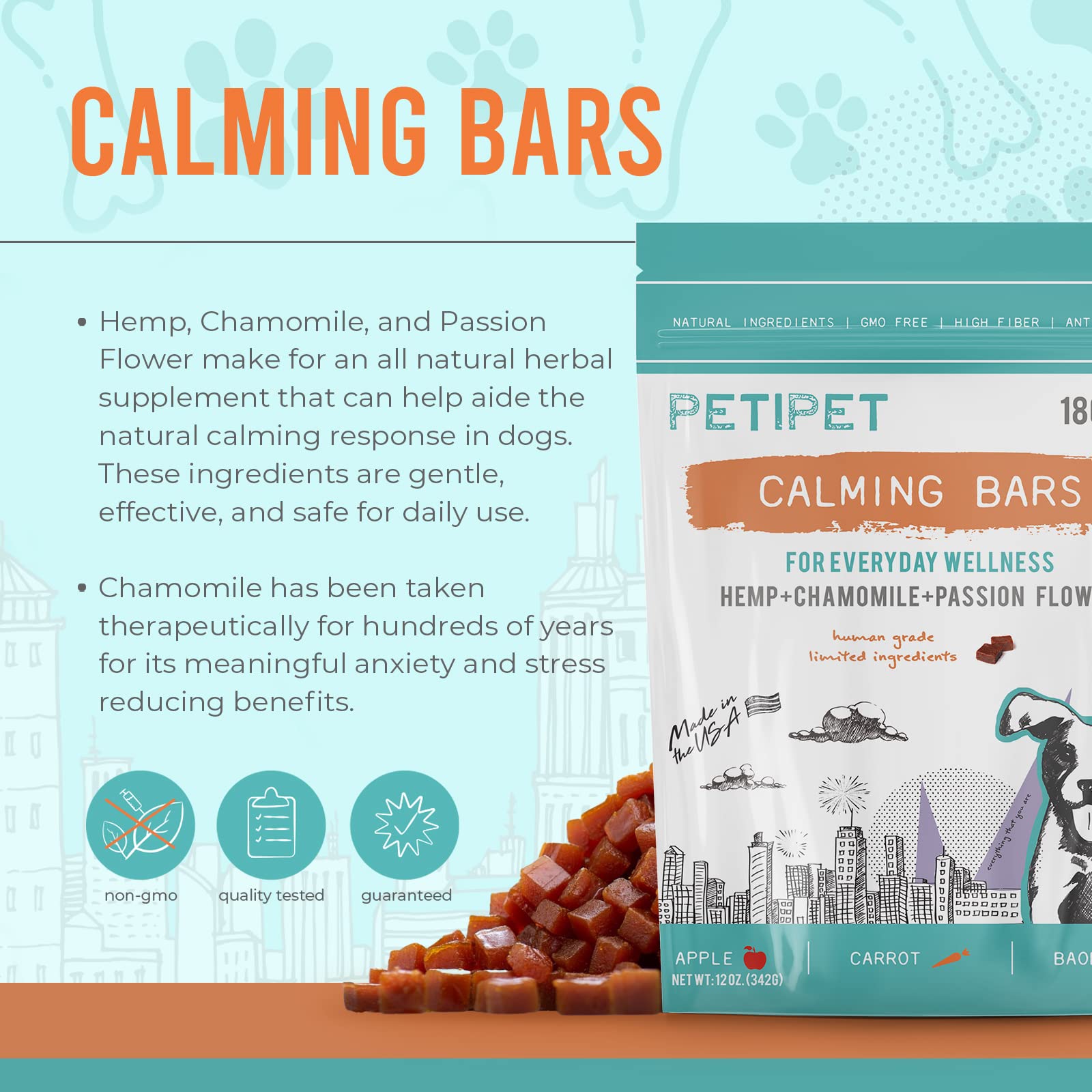 PETIPET Vegan Calming Bars for Small Dogs - Anxiety Composure Relief - with Carrots, Apples, Hemp, Chamomile, Passion Flower - for Dog Stress & Separation Aid + Chewing & Barking 180 Treats