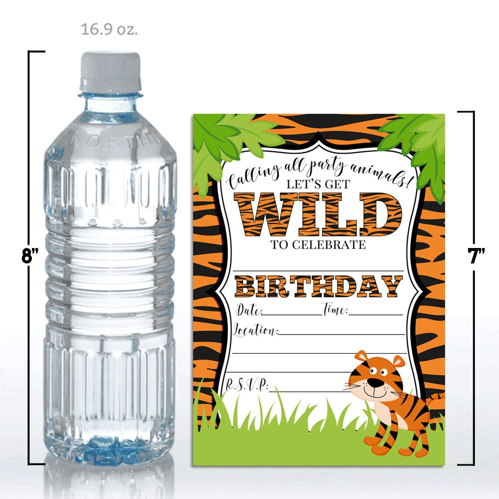 Tiger Birthday Party Invitations for a WILD time, 20 5x7 Fill In Cards with Twenty White Envelopes by AmandaCreation.