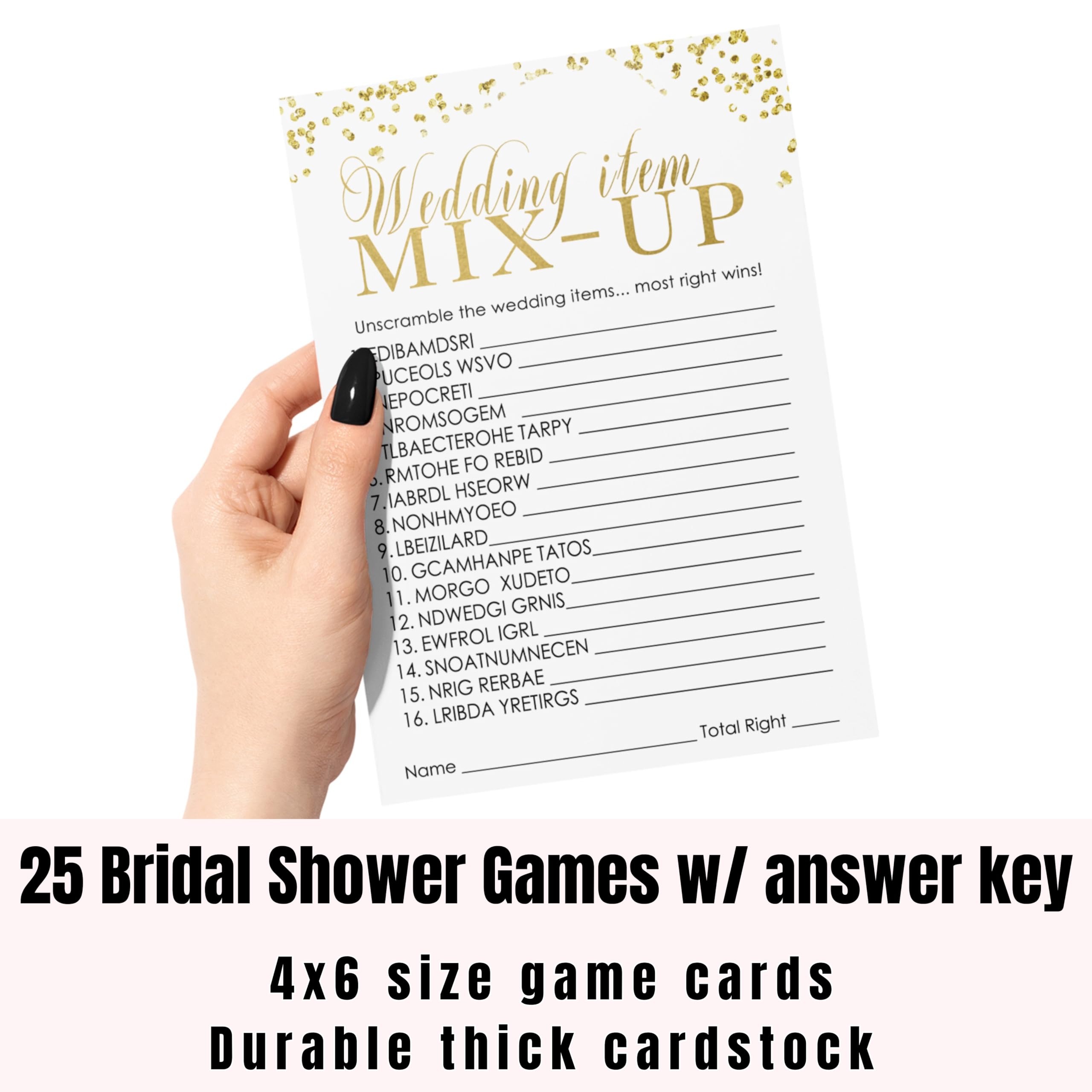 Black and Gold Bridal Shower Word Scramble Game Unscramble Wedding Phrases, Modern Confetti, 4x6 Cards, 25 Guest Pack