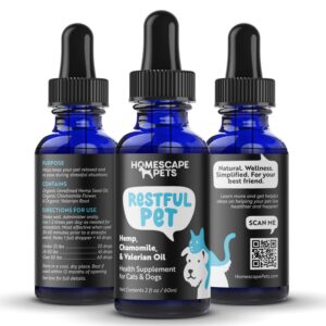 Homescape Pets Restful Pet - Calming Drops - Anxiety, Fireworks, Storms, Stress Relief - Organic Hemp Oil, Chamomile & Valerian for Dogs and Cats - Vet Recommended