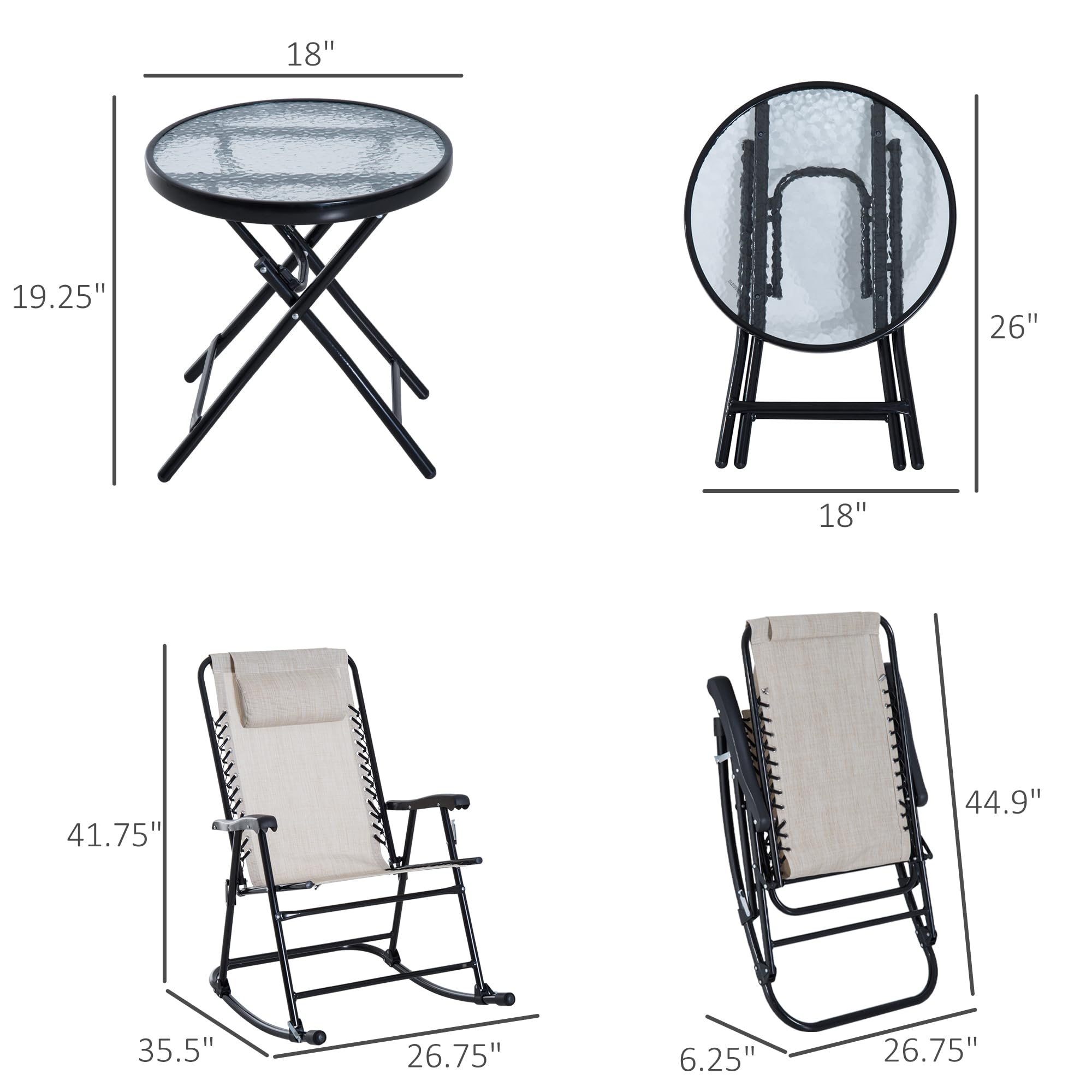 Outsunny 3 Piece Outdoor Rocking Chair Set, Patio Folding Lawn Rocker Set with Glass Coffee Table, Headrests for Yard, Patio, Deck, Backyard, Cream White