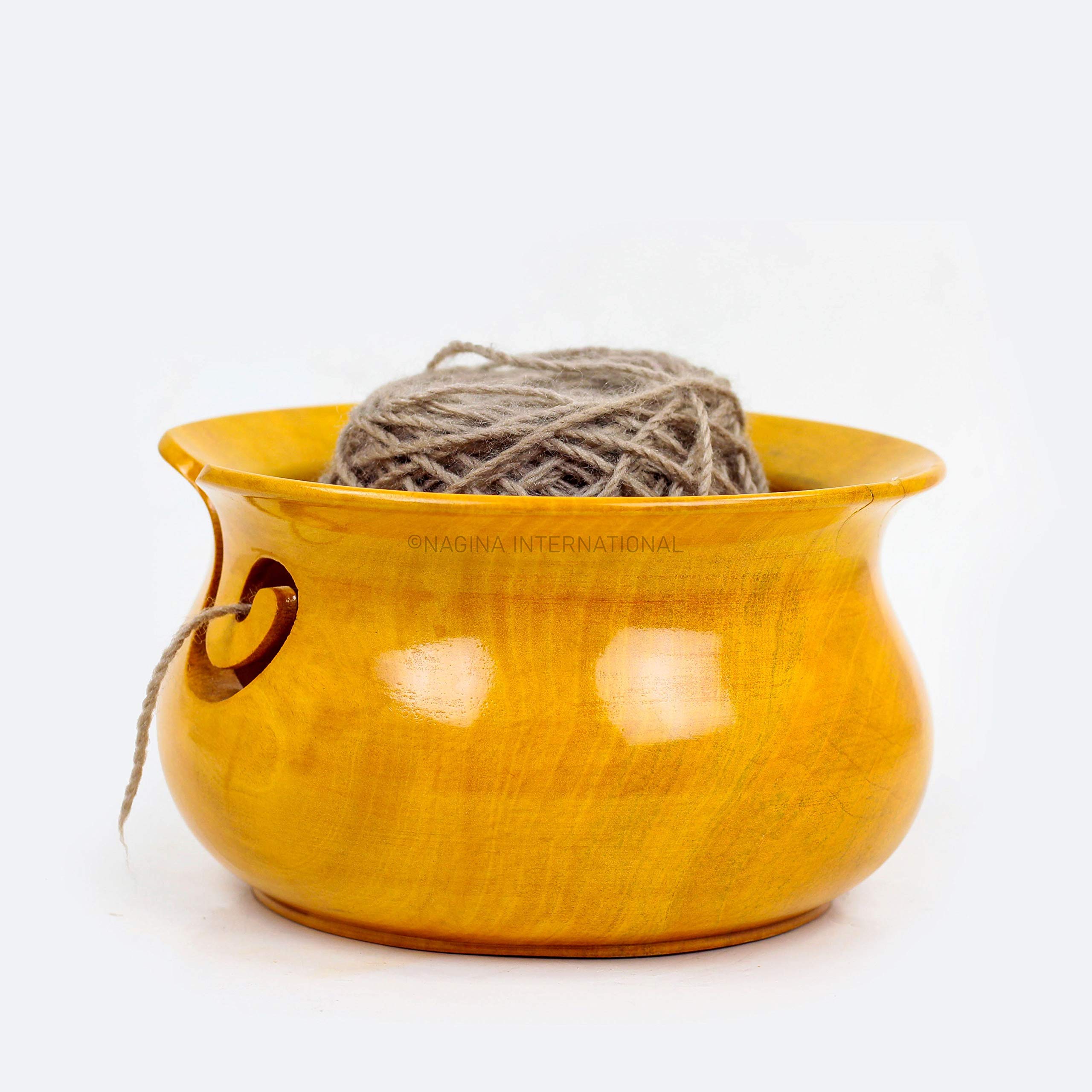 Nagina International Kitchen Pot Styled Premium Wood Crafted Portable Yarn Storage Knitting Bowl (Large, Turmeric Wood)