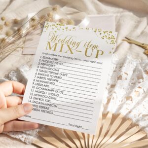 Black and Gold Bridal Shower Word Scramble Game Unscramble Wedding Phrases, Modern Confetti, 4x6 Cards, 25 Guest Pack