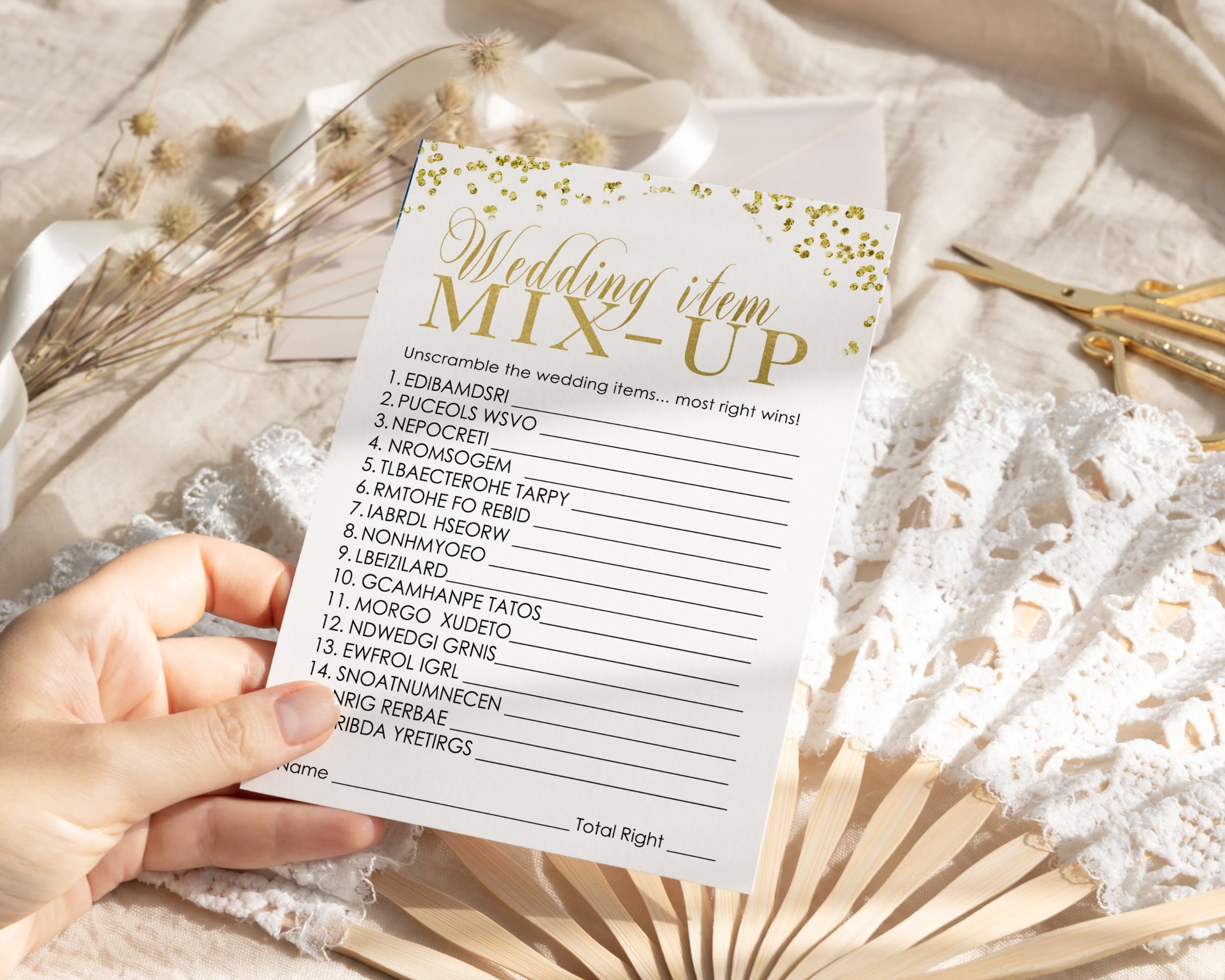 Black and Gold Bridal Shower Word Scramble Game Unscramble Wedding Phrases, Modern Confetti, 4x6 Cards, 25 Guest Pack