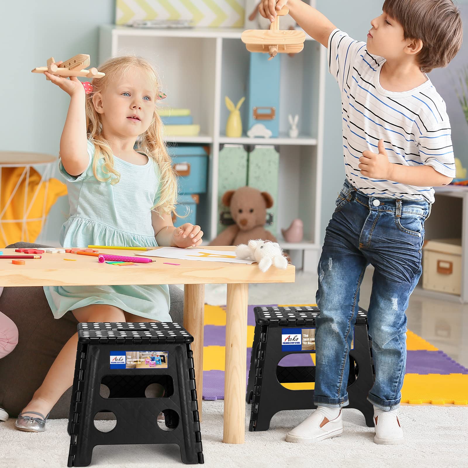 ACKO 2PACK Folding Step Stool - 13" Height Premium Heavy Duty Foldable Stool for Kids and Adults, Kitchen Garden Bathroom Stepping Stool (Black, 2PACK)