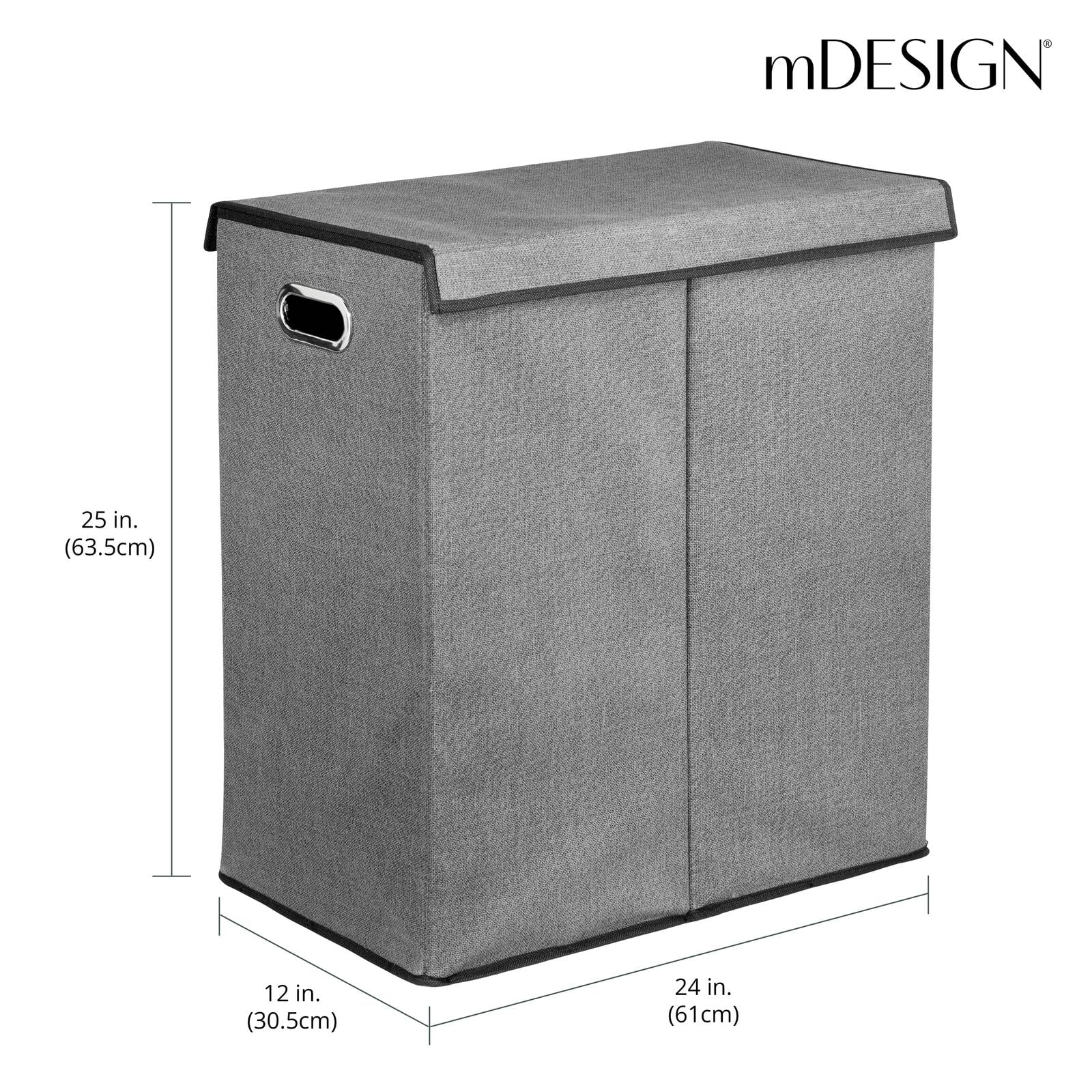 mDesign Extra Large Divided Laundry Hamper Basket with Removable Lid, Built-in Handles - Portable and Foldable for Compact Storage - Textured Print with Solid Trim, Chrome Handles - Charcoal/Black