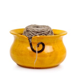 Nagina International Kitchen Pot Styled Premium Wood Crafted Portable Yarn Storage Knitting Bowl (Large, Turmeric Wood)