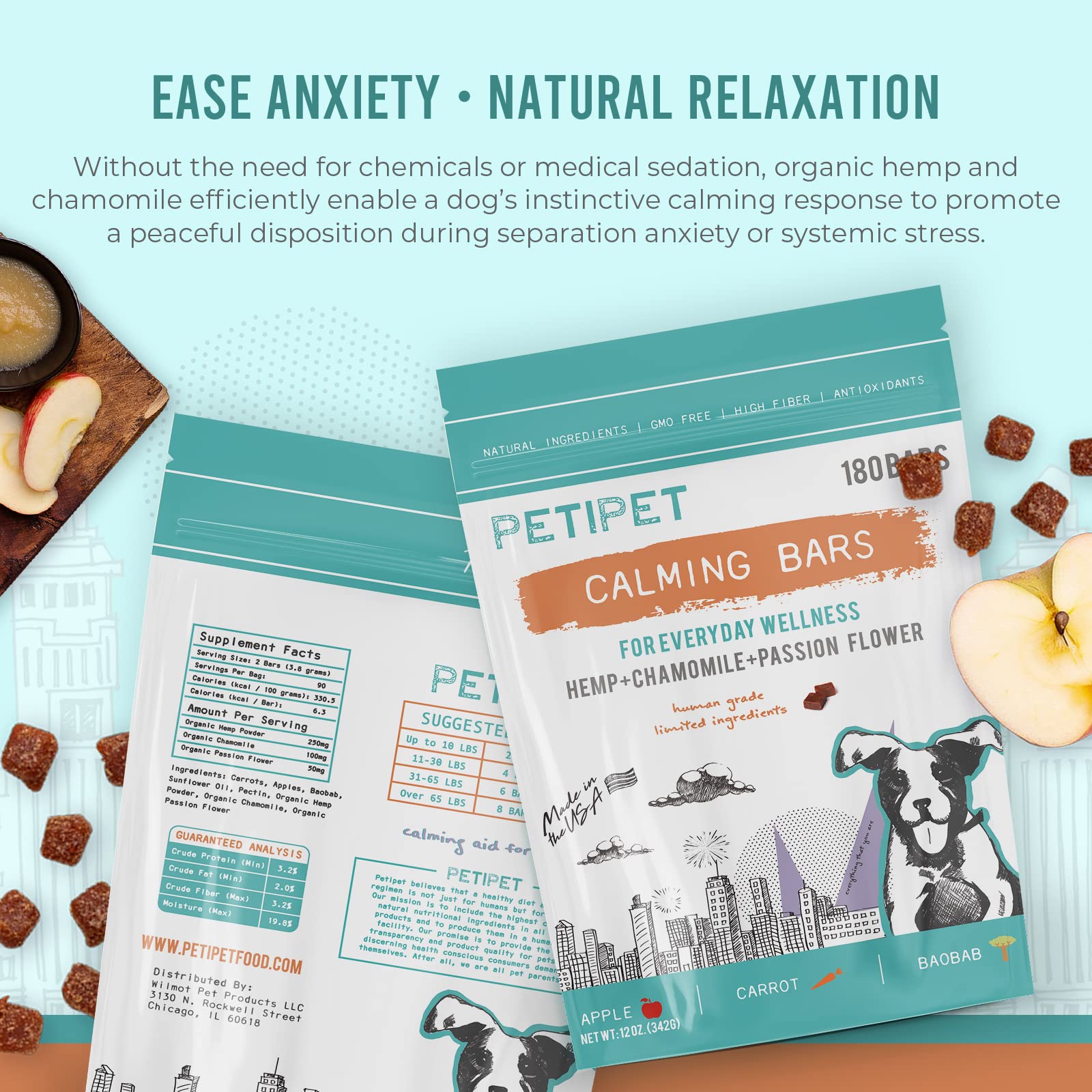 PETIPET Vegan Calming Bars for Small Dogs - Anxiety Composure Relief - with Carrots, Apples, Hemp, Chamomile, Passion Flower - for Dog Stress & Separation Aid + Chewing & Barking 180 Treats