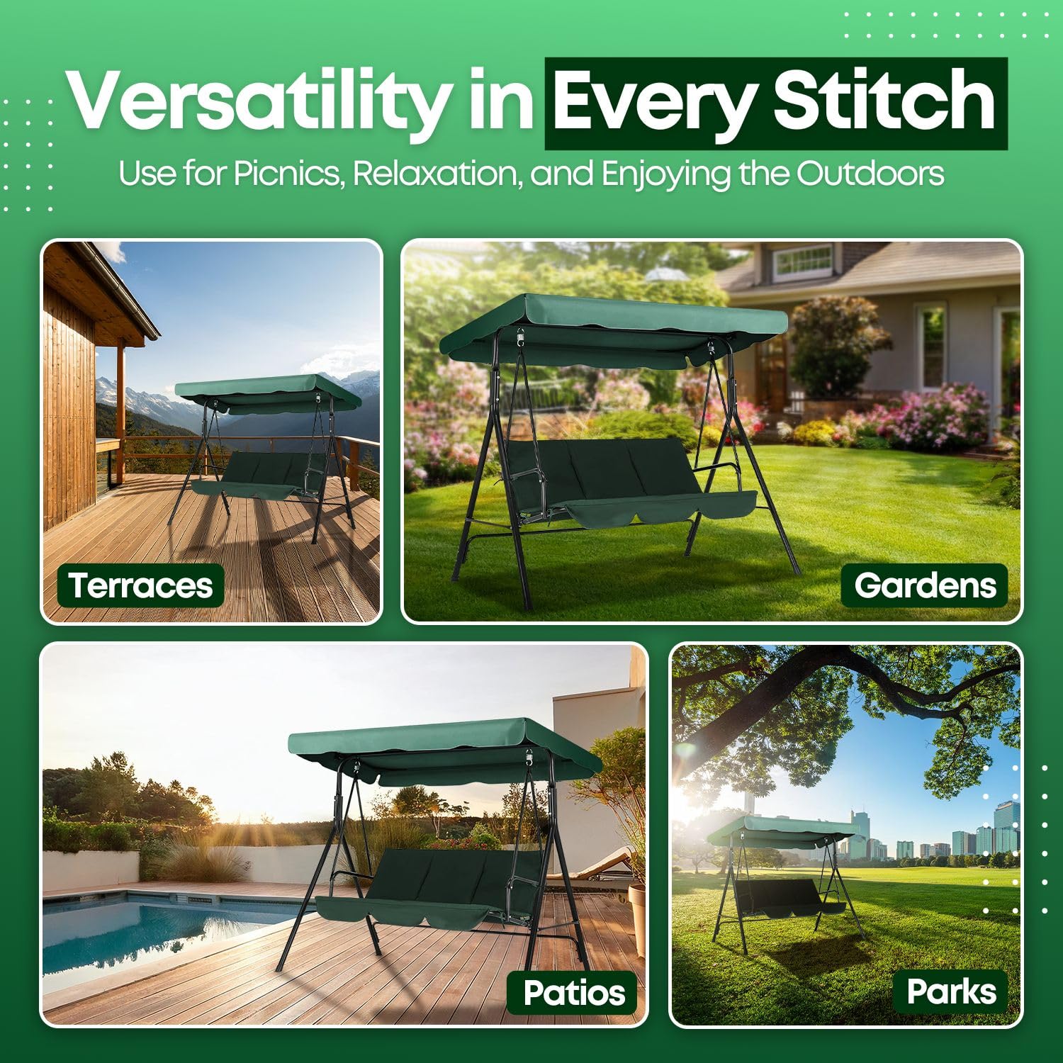 Flexzion Swing Canopy Cover (Green) 77"x43" - Deluxe Polyester Top Replacement UV Block Sun Shade Waterproof Decor for Outdoor Garden Patio Yard Park Porch Seat Furniture