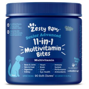 zesty paws senior dog multivitamin treats - glucosamine for dogs + digestive enzymes & probiotics - grain free dog vitamins for skin & coat + immune health chicken - advanced - 90ct