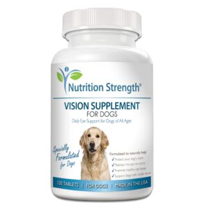 nutrition strength eye care for dogs daily vision supplement with lutein, zeaxanthin, astaxanthin, coq10, bilberry antioxidants, vitamin c, vitamin e support for dog eye problems, 120 chewable tablets