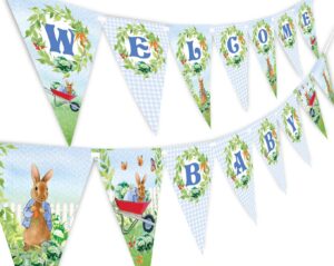 peter welcome baby banner pennant - rabbit baby shower decoration - peter baby shower supplies - blue