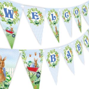 Peter Welcome Baby Banner Pennant - Rabbit Baby Shower Decoration - Peter Baby Shower Supplies - Blue