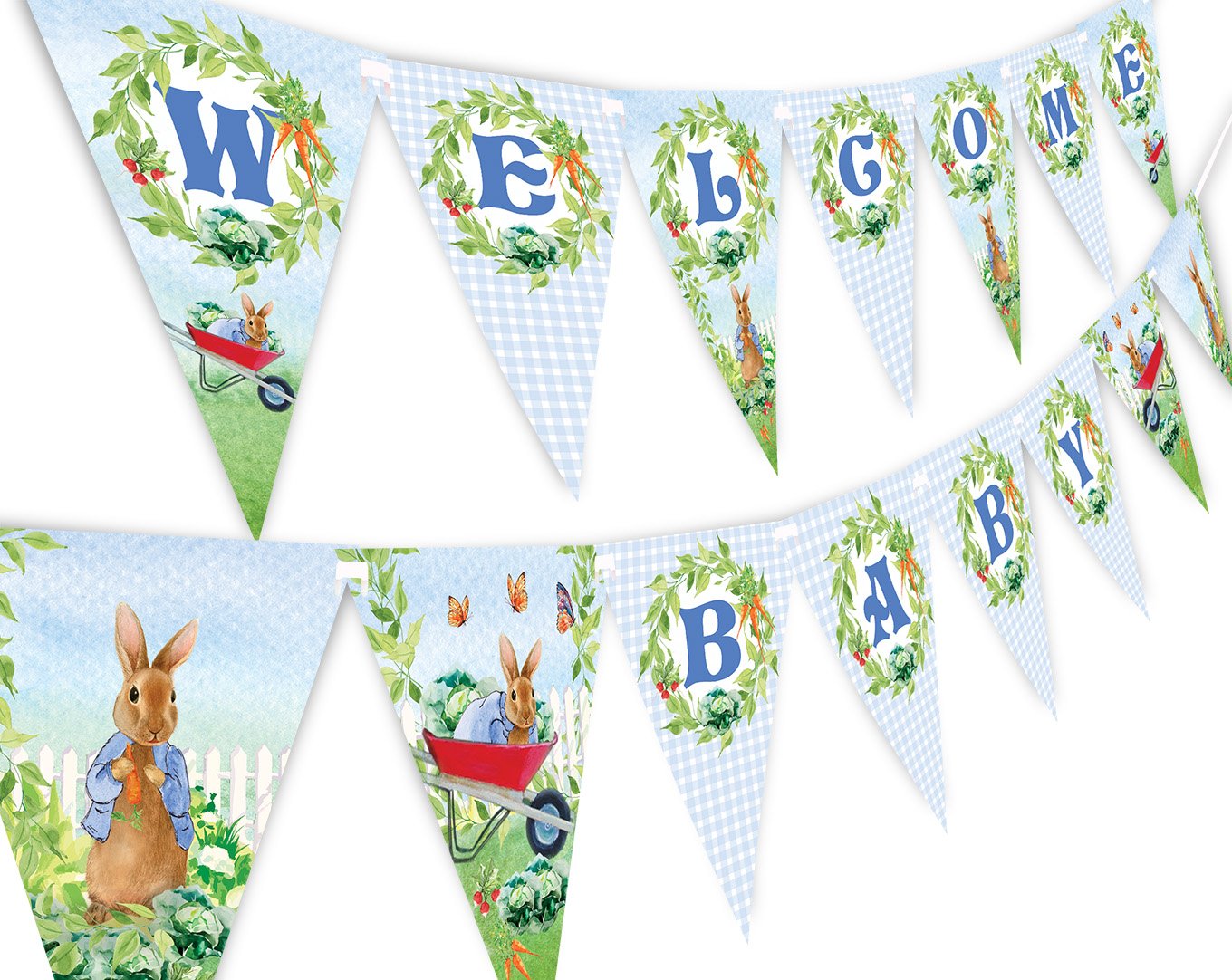 Peter Welcome Baby Banner Pennant - Rabbit Baby Shower Decoration - Peter Baby Shower Supplies - Blue