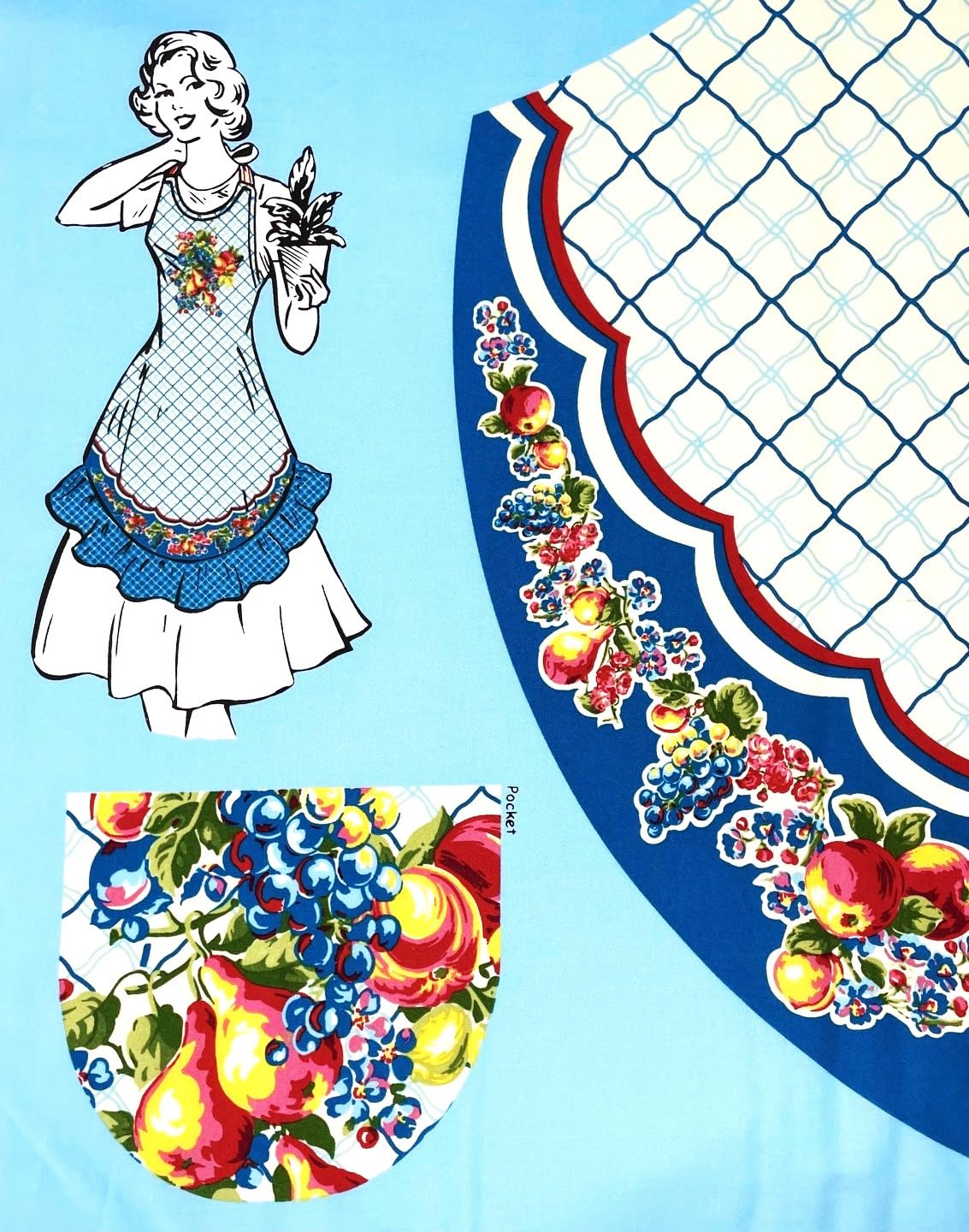 Easy Cut and Sew Adorable Retro Apron Kit - Colorful"Retro Fruit" (35" x 62" Fabric Panel)