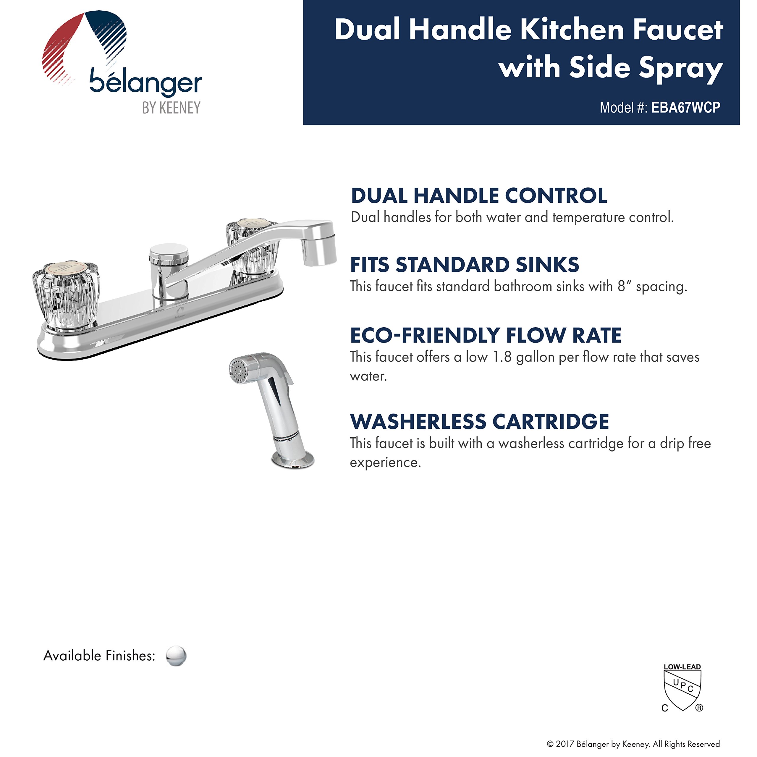 Keeney EBA67WCP Belanger Double Handle Kitchen Faucet with Side Spray 13” x 19”, Polished Chrome