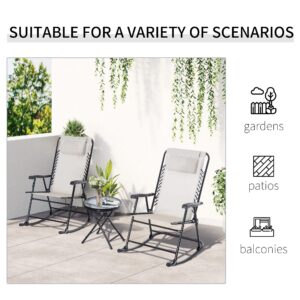 Outsunny 3 Piece Outdoor Rocking Chair Set, Patio Folding Lawn Rocker Set with Glass Coffee Table, Headrests for Yard, Patio, Deck, Backyard, Cream White