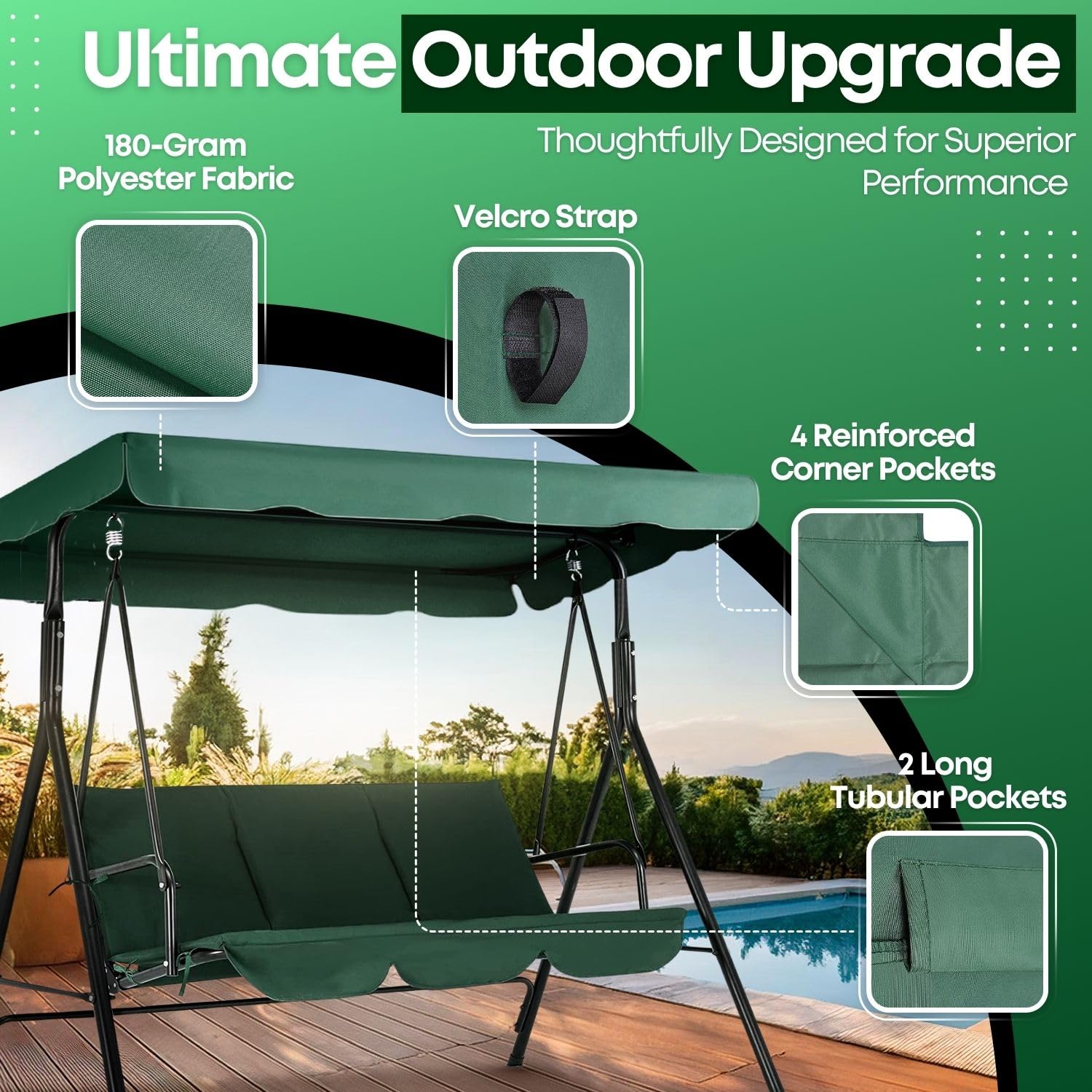 Flexzion Swing Canopy Cover (Green) 77"x43" - Deluxe Polyester Top Replacement UV Block Sun Shade Waterproof Decor for Outdoor Garden Patio Yard Park Porch Seat Furniture