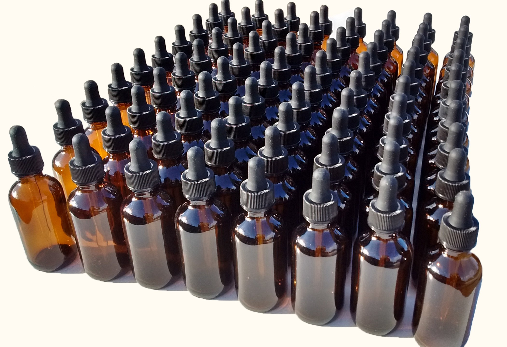 Dropper Stop™ 2oz Amber Glass Dropper Bottles (60mL) with Tapered Glass Droppers - Pack of 80