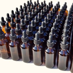 Dropper Stop™ 2oz Amber Glass Dropper Bottles (60mL) with Tapered Glass Droppers - Pack of 80