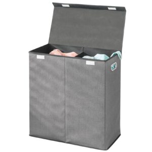 mdesign extra large divided laundry hamper basket with removable lid, built-in handles - portable and foldable for compact storage - textured print with solid trim, chrome handles - charcoal/black