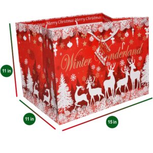 Gift Boutique 12 Jumbo Christmas Tote Bags with Handles 15" Wide X 11" High X 11" Deep Extra Wide Large Giant Reusable Grocery Shopping Paper Bags Big Gusset for Food Cookie Container & Foil Tin Pan