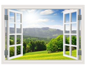 flfk fake window wall sticker - landscape faux window wall mural for wall decor, stick and peel wall decals,16"x24"