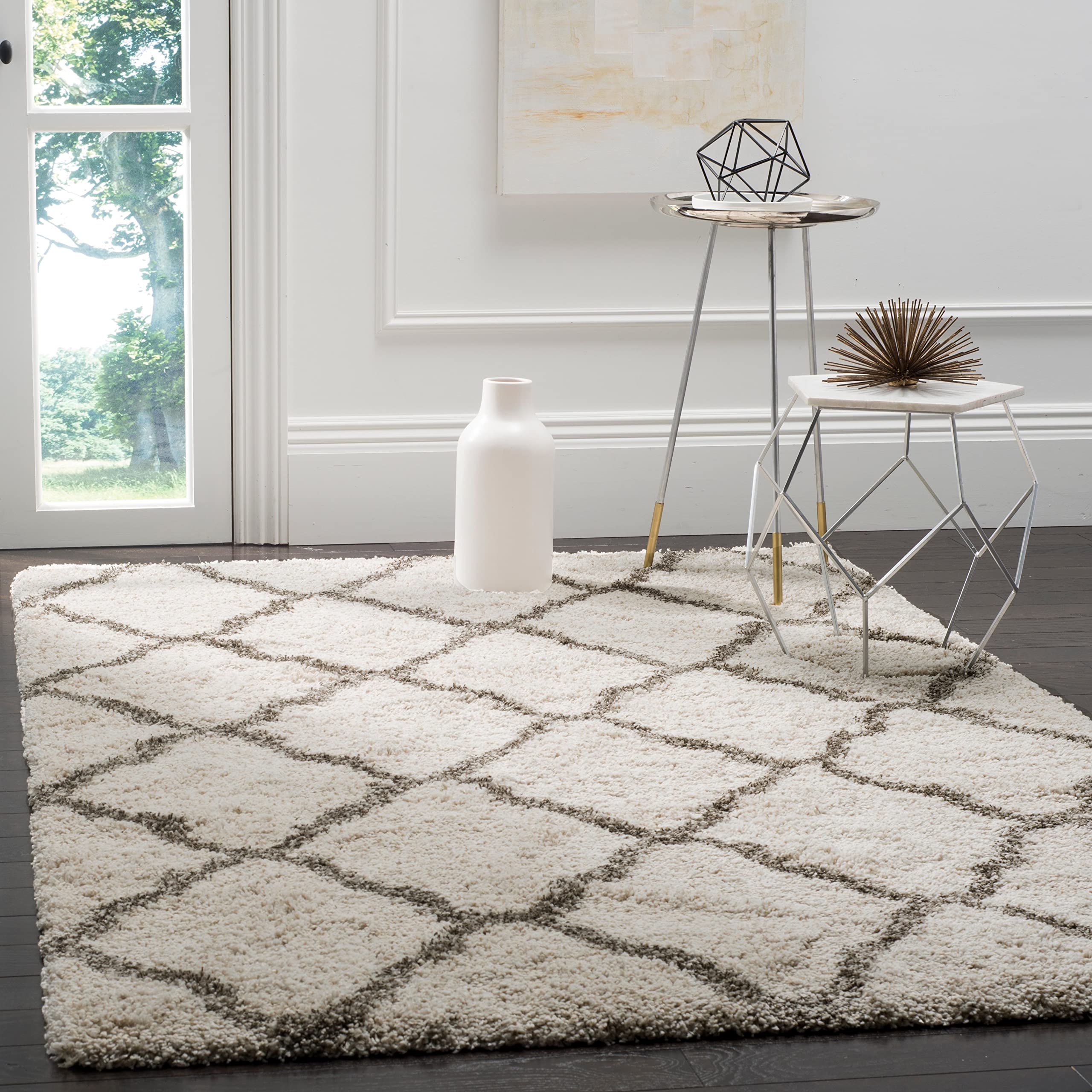 SAFAVIEH Hudson Shag Collection Area Rug - 9' x 12', Ivory & Grey, Moroccan Trellis Design, Non-Shedding & Easy Care, 2-inch Thick Ideal for High Traffic Areas in Living Room, Bedroom (SGH283A)