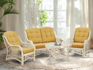 malibu lounge set of 4: 2 natural rattan wicker chairs, loveseat with light brown cushions and coffee table w/glass handmade, white wash