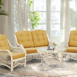 Malibu Lounge Set of 4: 2 Natural Rattan Wicker Chairs, Loveseat with Light Brown Cushions and Coffee Table w/Glass Handmade, White Wash